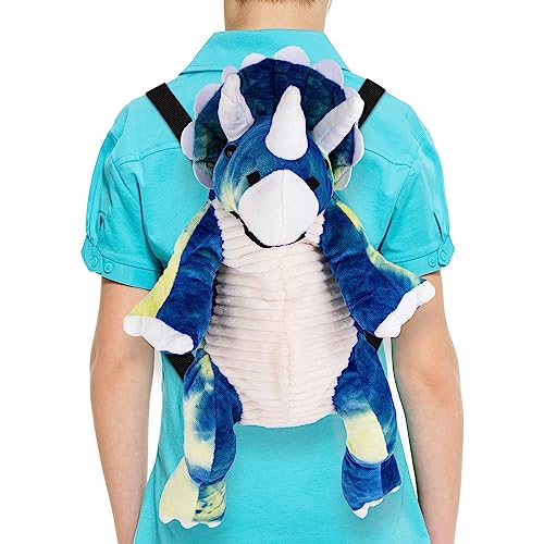 ArtCreativity Plush Dinosaur Backpack, 22" Stuffed Animal Backpack in the Shape of a Triceratops, Plushie Dinosaur Backpack for Toddlers, Blue and Yellow tie dye Colors. Adjustable Nylon Straps