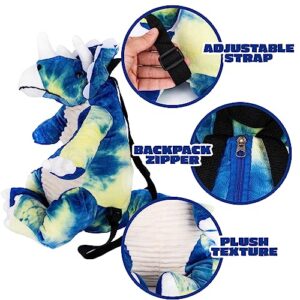 ArtCreativity Plush Dinosaur Backpack, 22" Stuffed Animal Backpack in the Shape of a Triceratops, Plushie Dinosaur Backpack for Toddlers, Blue and Yellow tie dye Colors. Adjustable Nylon Straps