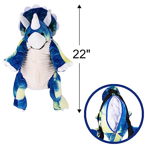 ArtCreativity Plush Dinosaur Backpack, 22" Stuffed Animal Backpack in the Shape of a Triceratops, Plushie Dinosaur Backpack for Toddlers, Blue and Yellow tie dye Colors. Adjustable Nylon Straps