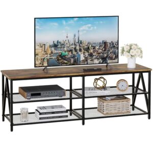 katrawu tv stand for tv up to 65 inch, long 55" tv cabinet with 3-tier storage shelves,entertainment center tv console table for living room with industrial tv metal frame, rustic brown