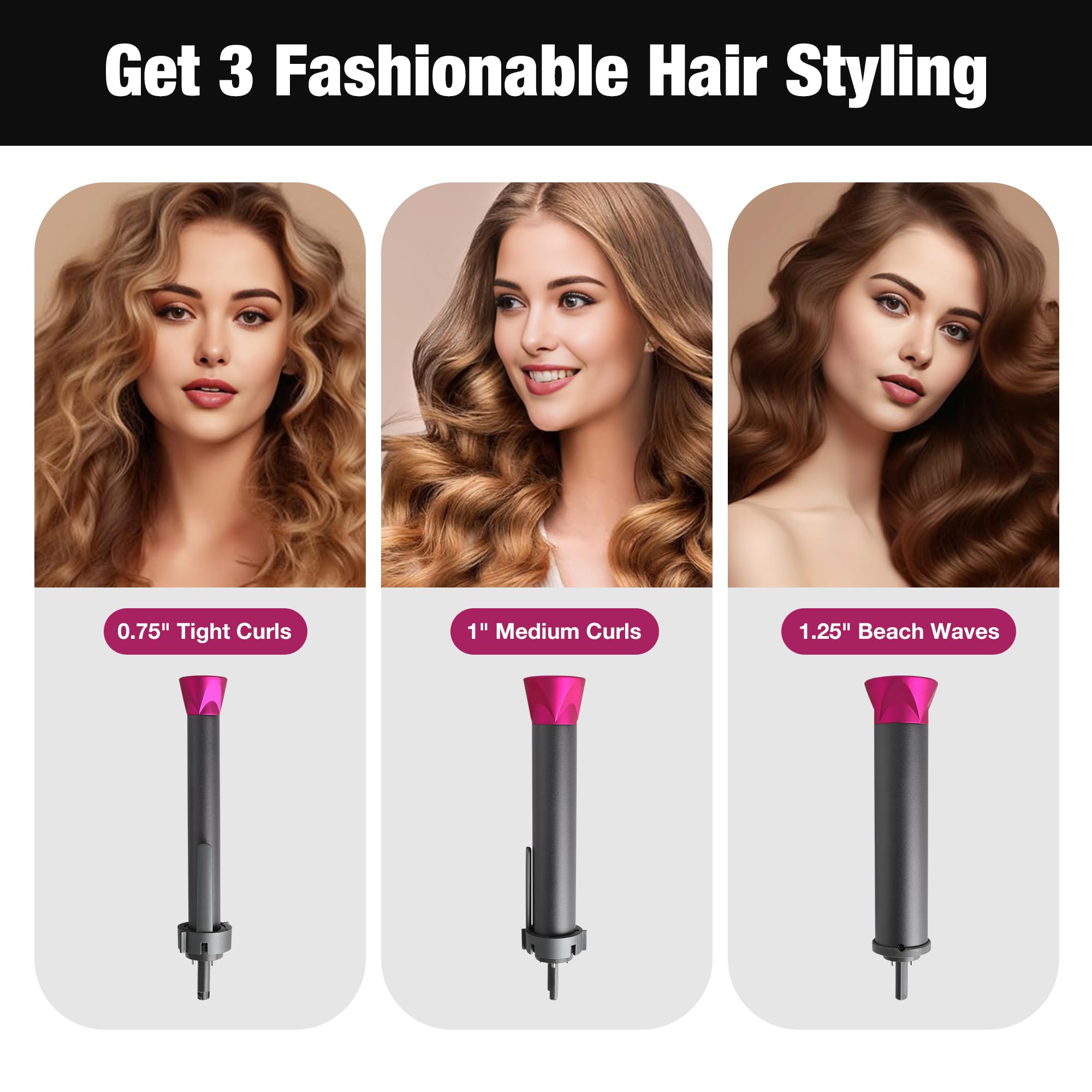 ECOJIA 3 in 1 Curling Iron Automatic Hair Styling Curler Wand Set with 3 Interchangeable Ceramic Coasting Barrels(0.75'' to 1.25'') Temperature Adjustments Fast Heat-UP 446°F for Long Medium Hair