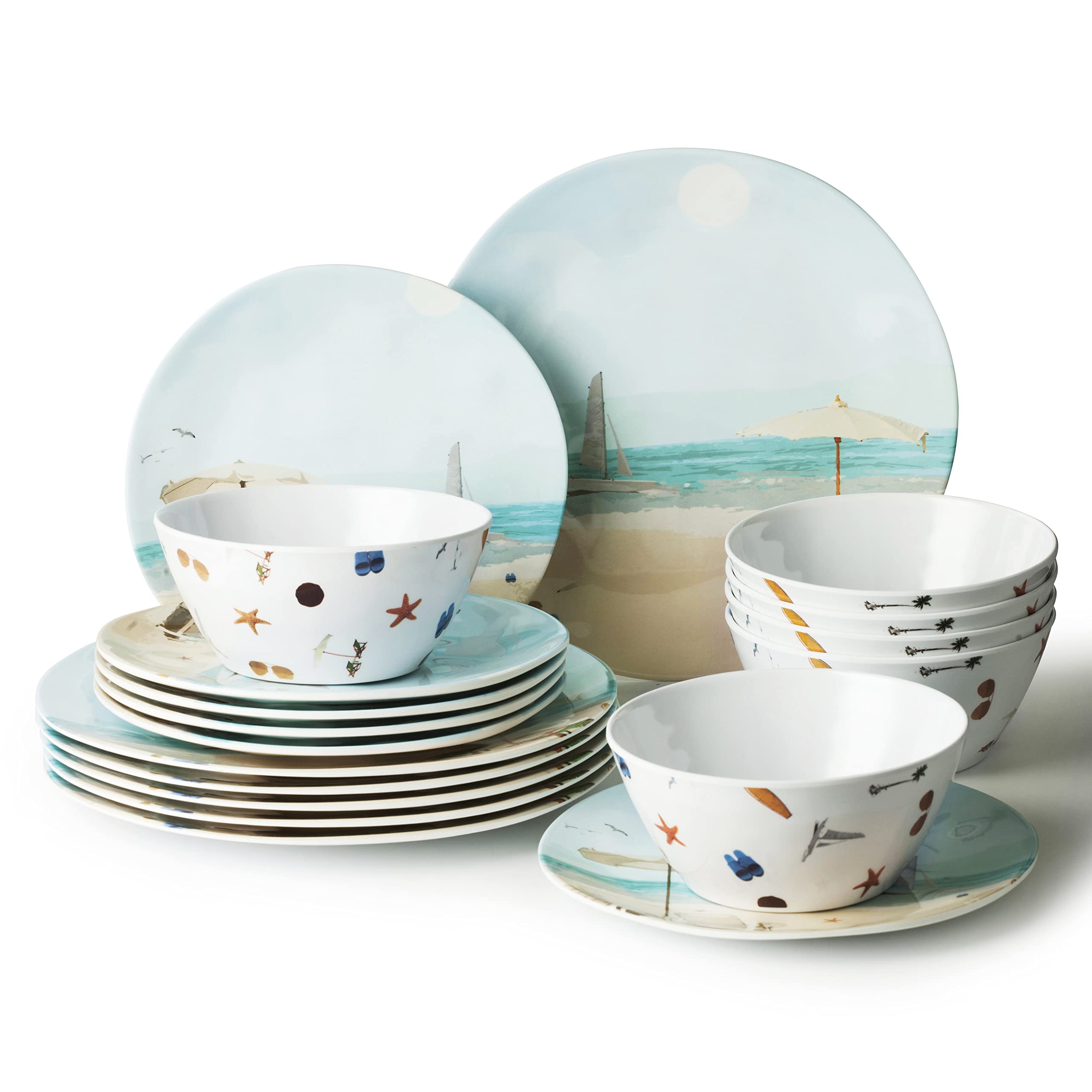 Joviton HOME 18PCS Holiday Beach Melamine Dinnerware Sets for 6,Outdoor Plates and Bowls Sets (Holiday Beach)