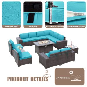 Delnavik Patio Furniture Sectional Sofa Set 13-Pieces PE Rattan Patio Conversation Set w/43in Gas Fire Pit Table, Outdoor Furniture with 55000 BTU Propane Fire Pit, Blue