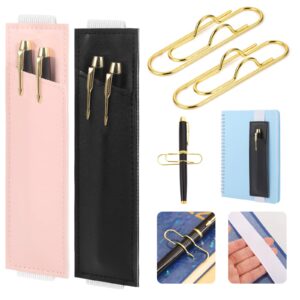 wsicse 4pcs pen holder for notebook set include pu leather pen holder with adjustable elastic band and metal pen clips for notebooks, journals, planners