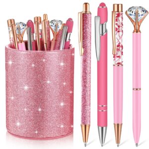 sabary 8 pcs ballpoint pens with pen holder for desk metal crystal diamond pen glitter pencil holder fancy pens black ink bling desk organizer for women girls office school wedding gifts (pink)