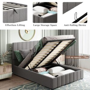 Merax Upholstered Queen beds Gas Lift Up Storage Platform Bed Frame with Tufted Headboard Wooden Slat Support and Under Storage,Grey