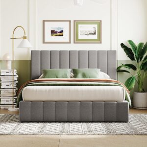 Merax Upholstered Queen beds Gas Lift Up Storage Platform Bed Frame with Tufted Headboard Wooden Slat Support and Under Storage,Grey