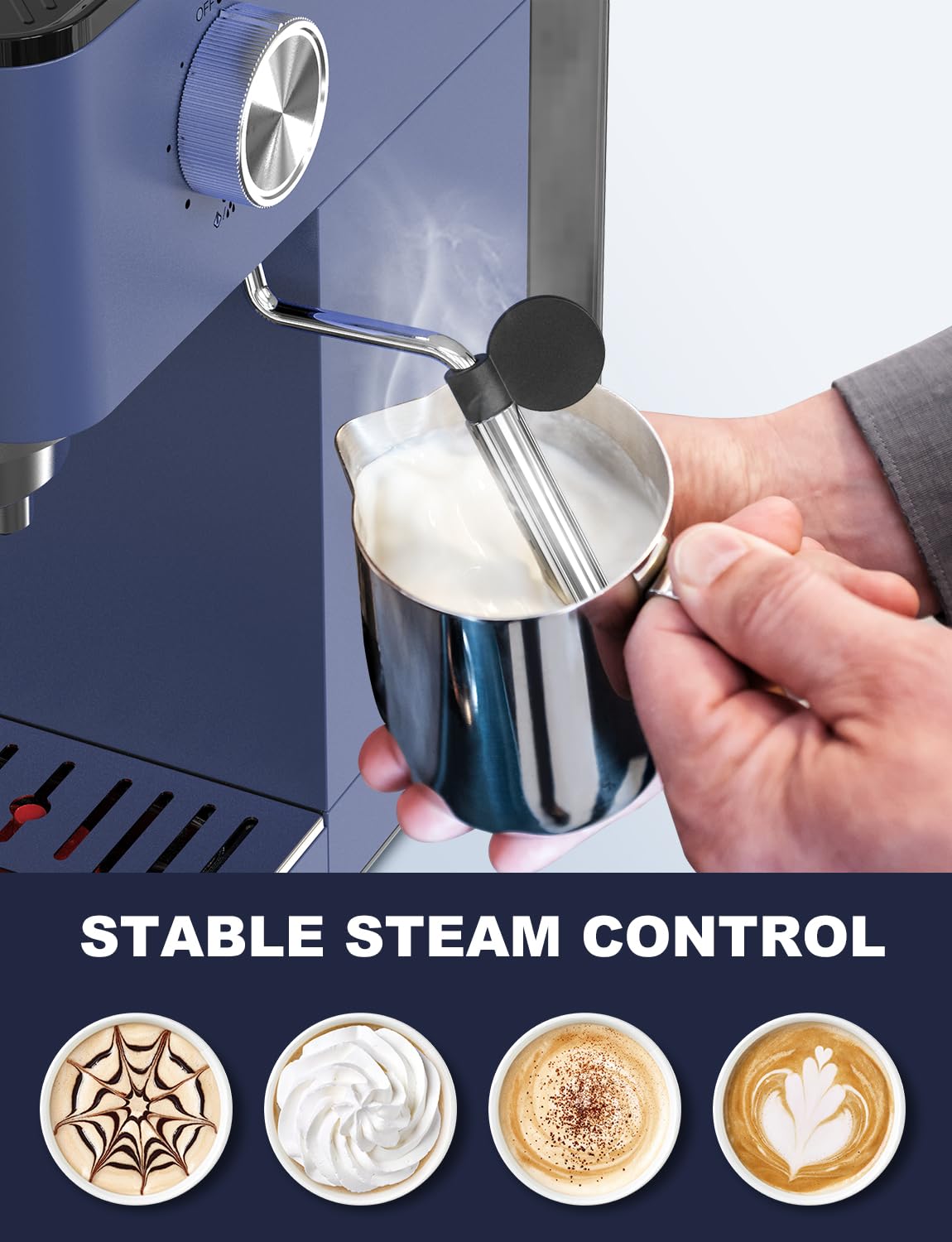 Laekerrt Espresso Machine 20 Bar Espresso Maker with Milk Frother Steam Wand, Compact Espresso Coffee Machine for Cappuccino and Latte (Navy Blue, Upgraded Version) Gift for Coffee Lovers, Dad, Mom