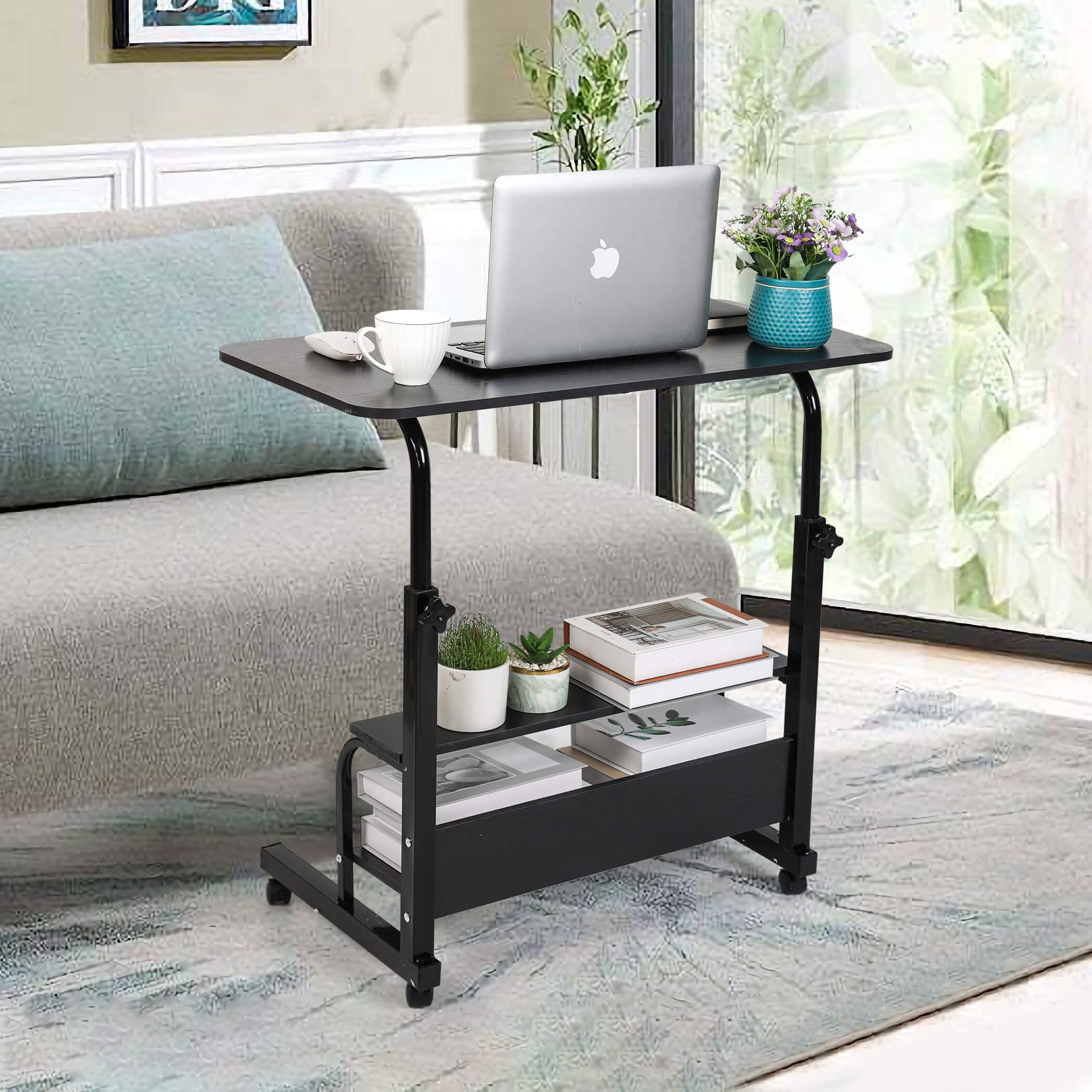 Small Desk for Small Spaces Rolling Adjustable Height Desk Portable Laptop Desk Mobile Bedside Table with Storage Shelf Desk for Small Spaces Mobile Home Office Desk Size 15.7 * 31.5 Inches Black