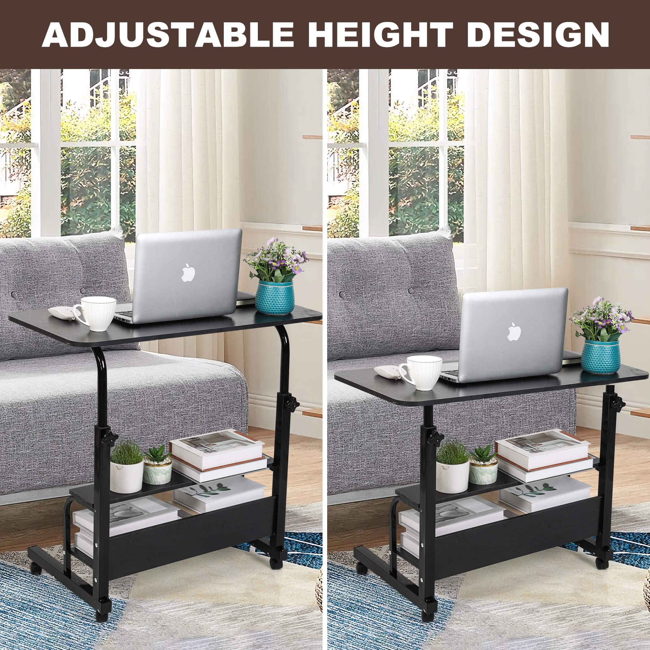 Small Desk for Small Spaces Rolling Adjustable Height Desk Portable Laptop Desk Mobile Bedside Table with Storage Shelf Desk for Small Spaces Mobile Home Office Desk Size 15.7 * 31.5 Inches Black