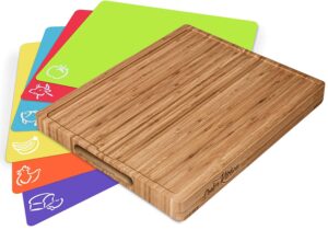 dark easy-to-clean bamboo wood cutting board set with 6 color-coded flexible cutting mats with food icons - chopping board set…