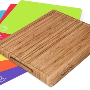 Dark Easy-to-Clean Bamboo Wood Cutting Board Set with 6 Color-Coded Flexible Cutting Mats with Food Icons - Chopping Board Set…