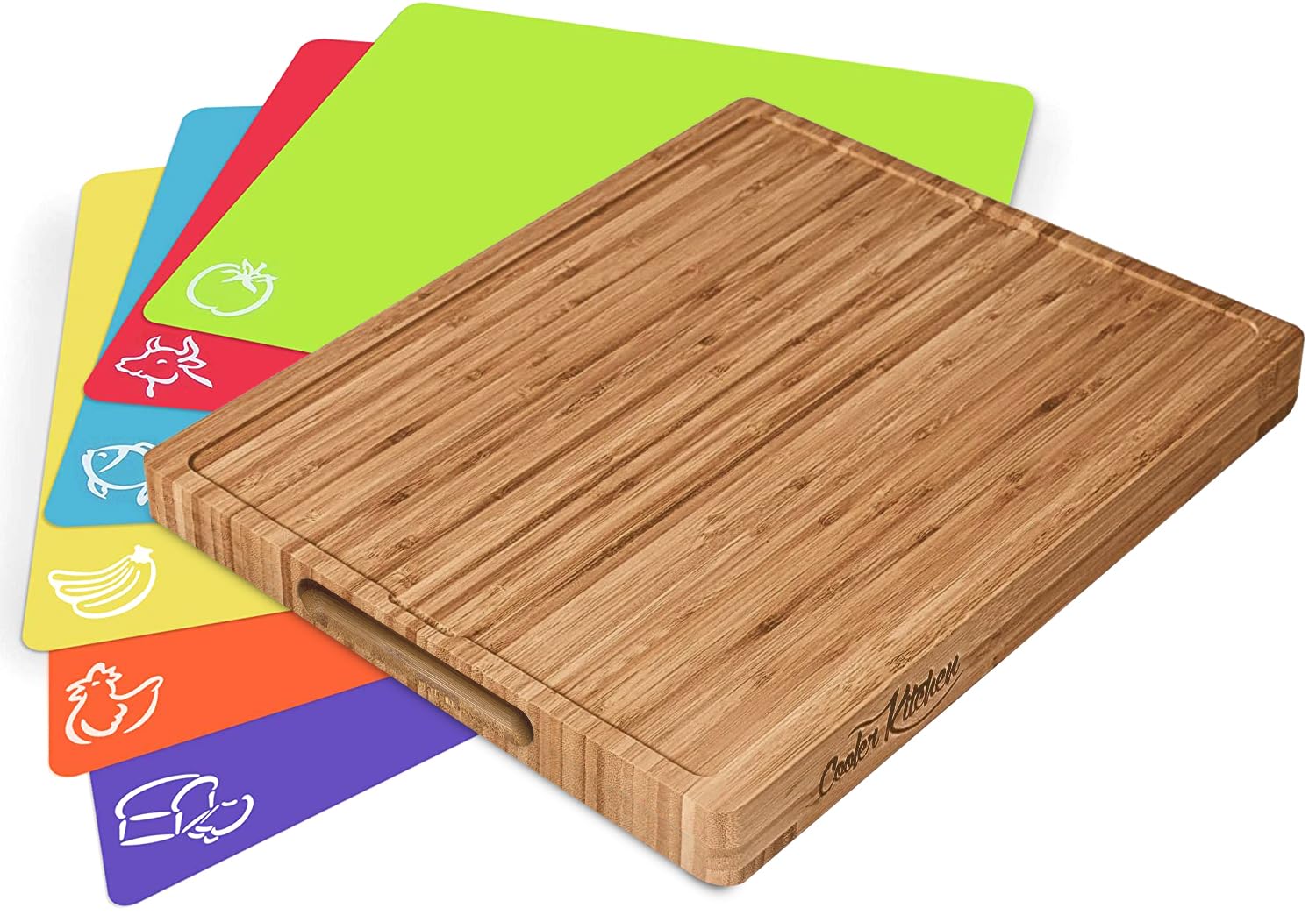 Dark Easy-to-Clean Bamboo Wood Cutting Board Set with 6 Color-Coded Flexible Cutting Mats with Food Icons - Chopping Board Set…