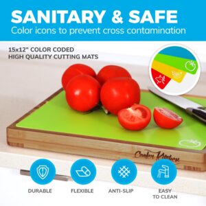 Dark Easy-to-Clean Bamboo Wood Cutting Board Set with 6 Color-Coded Flexible Cutting Mats with Food Icons - Chopping Board Set…