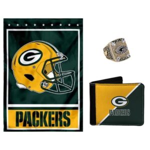 edgell house green bay packers sports memorabilia gift set – includes a ’11 replica super bowl ring, a packers nfl flag and a green bay packers leather wallet – brought to you