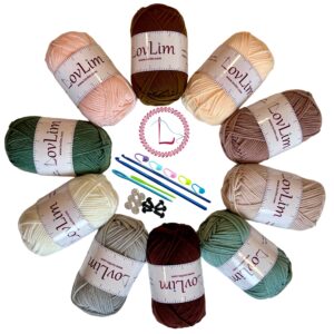 lovlim crochet yarn, 10x50g soft cotton yarn skeins, 1200+ yards, for crochet and knitting, free crochet/amigurumi patterns, craft dk yarn perfect starter kit (nature)