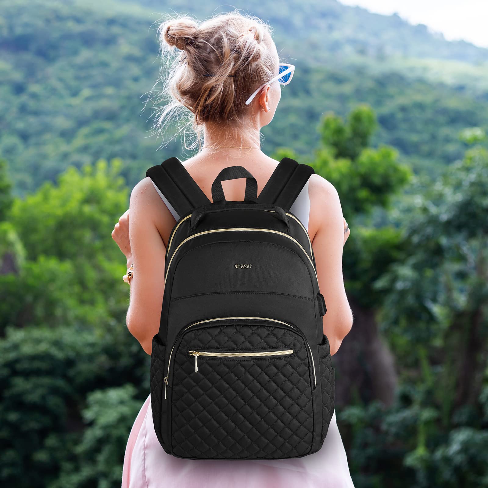 RJEU Laptop Backpack Women,Teenagers Girl Middle High School Bag,Bookbags College Students for Gym Camping,Back Packs Work Travel TSA Friendly,Mochila Mujer,Black