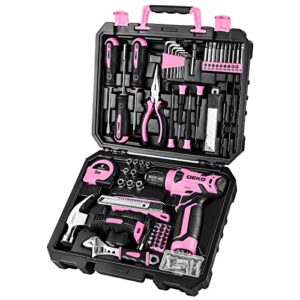 dekopro drill set: tool set with 8v pink cordless drill, home tool kit with drill, hand tool kits for women 126 piece