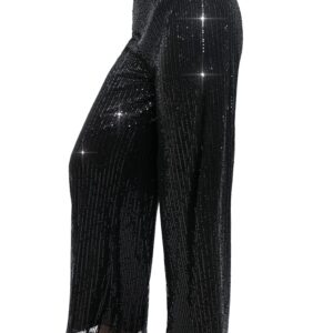 YHYJMY Womens Casual Sparkle Sequin Glitter Bling Loose Elastic High Waist Shiny Wide Leg Pants (K284-Black-M)