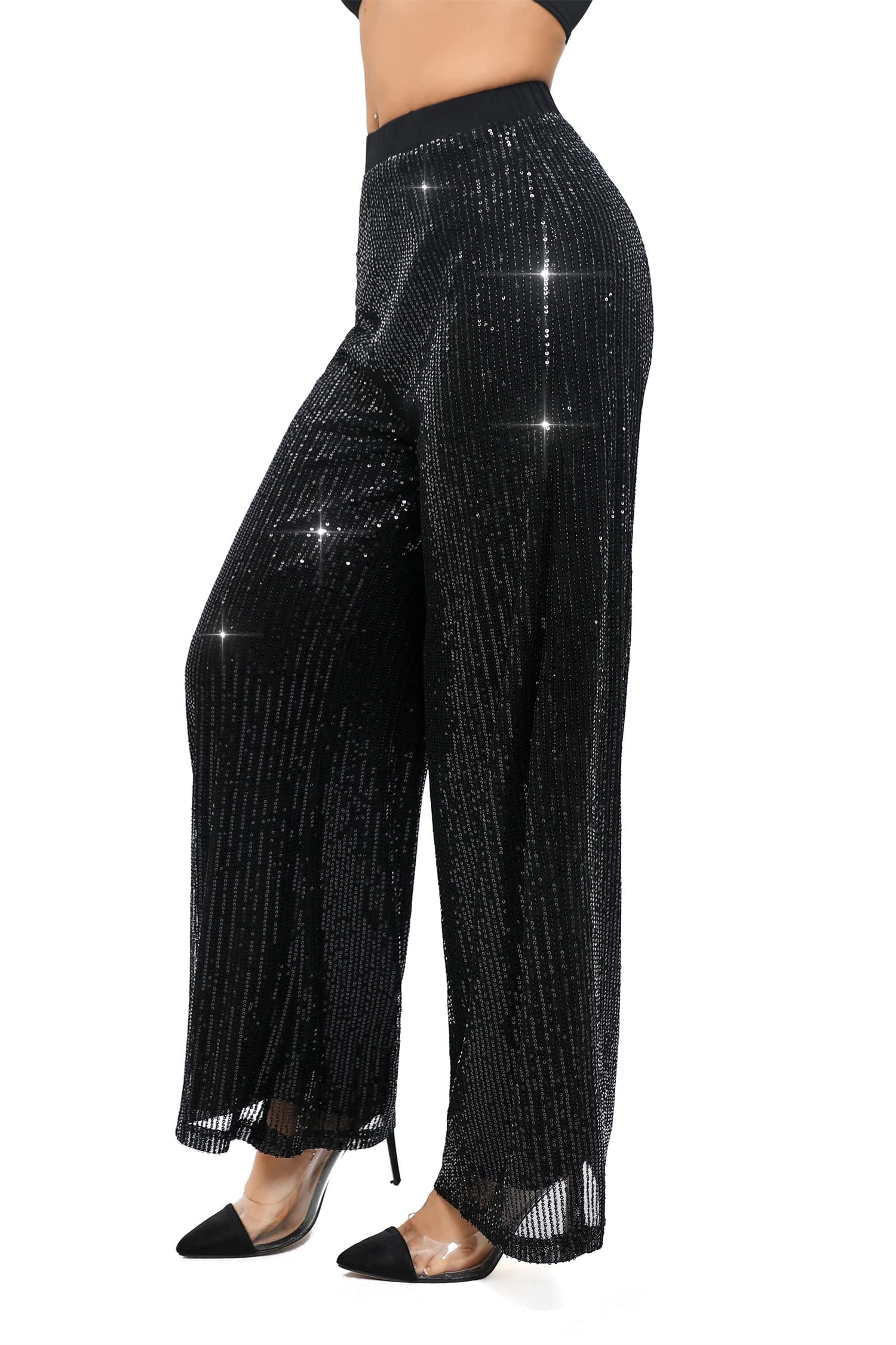 YHYJMY Womens Casual Sparkle Sequin Glitter Bling Loose Elastic High Waist Shiny Wide Leg Pants (K284-Black-M)