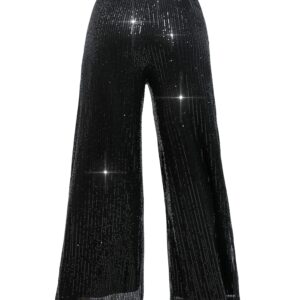 YHYJMY Womens Casual Sparkle Sequin Glitter Bling Loose Elastic High Waist Shiny Wide Leg Pants (K284-Black-M)