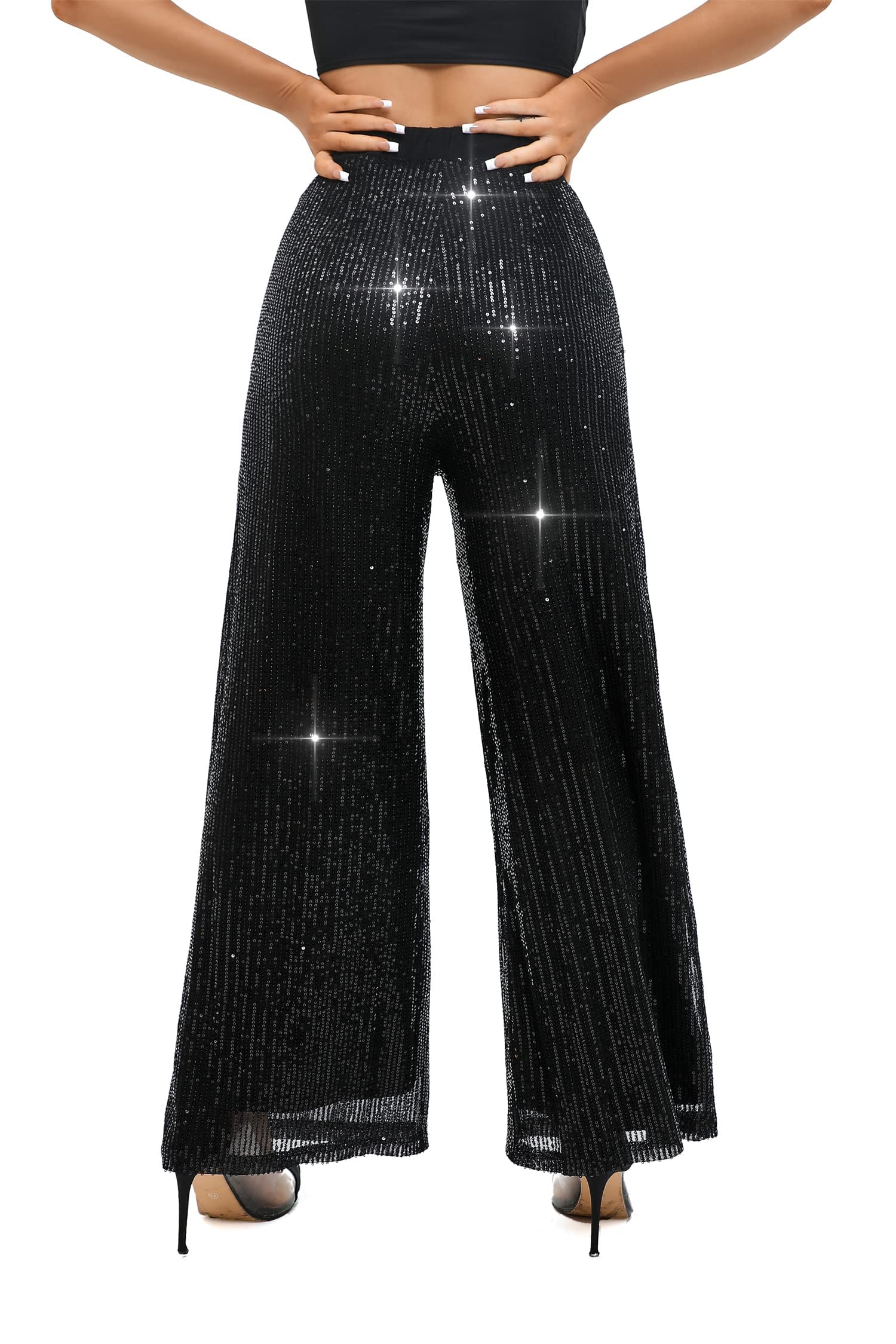 YHYJMY Womens Casual Sparkle Sequin Glitter Bling Loose Elastic High Waist Shiny Wide Leg Pants (K284-Black-M)