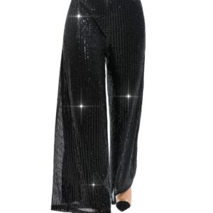 YHYJMY Womens Casual Sparkle Sequin Glitter Bling Loose Elastic High Waist Shiny Wide Leg Pants (K284-Black-M)