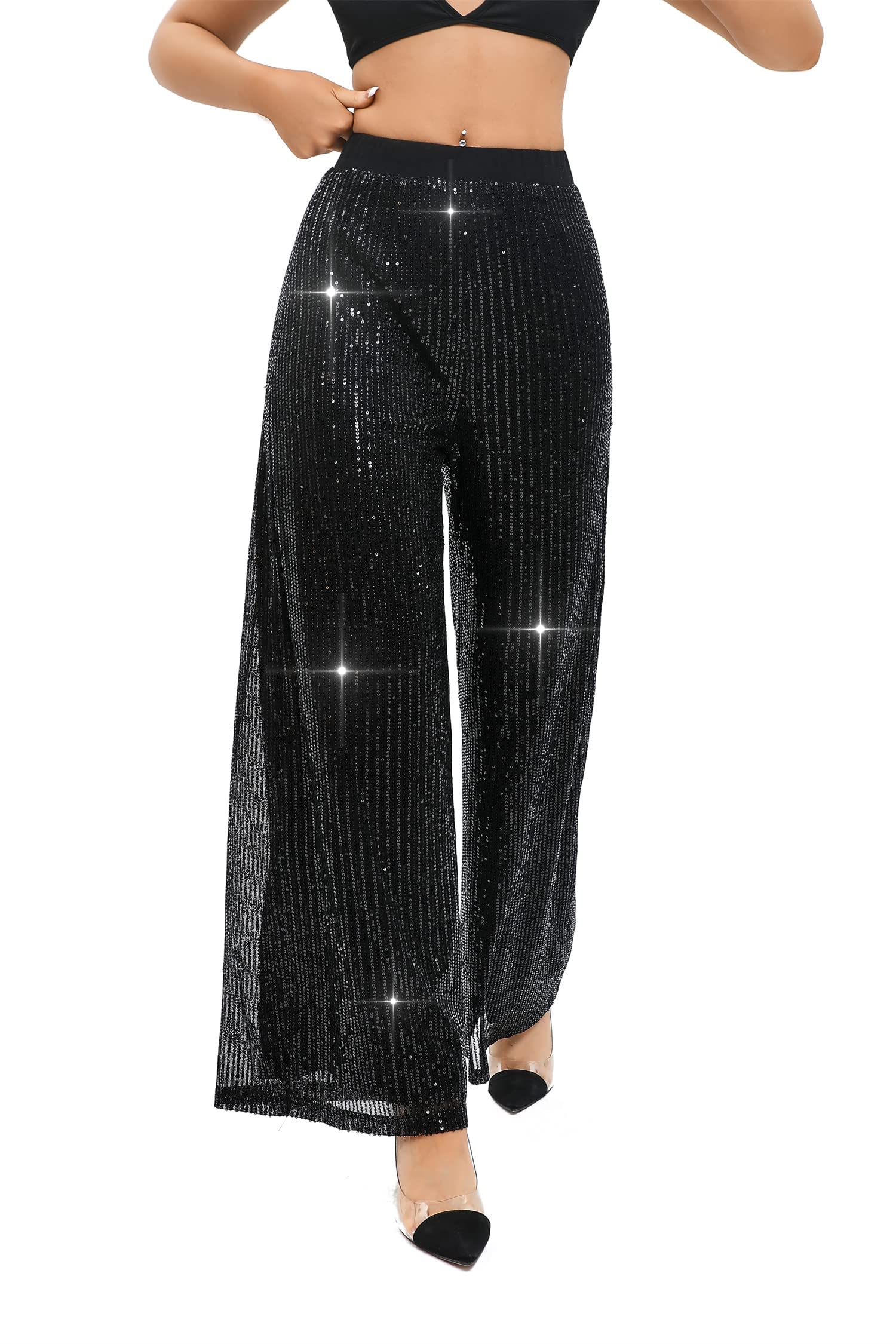 YHYJMY Womens Casual Sparkle Sequin Glitter Bling Loose Elastic High Waist Shiny Wide Leg Pants (K284-Black-M)