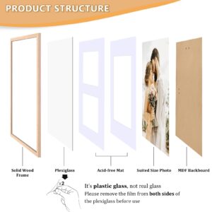 ATOBART 11x14 Picture Frame, OAK Wood Photo Frame 8x10 with Mat or 5x7 with 2 Mat with Perspex Glass for Vertical or Horizontal Tabletop Wall Display for Photo, Painting, Poster, Set of 2