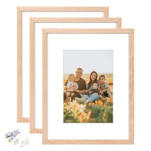 atobart 8x10 picture frame, oak wood photo frame 5x7 with mat or 8x10 without mat with perspex glass for vertical or horizontal tabletop wall display for photos, paintings, posters, artwork, set of 3