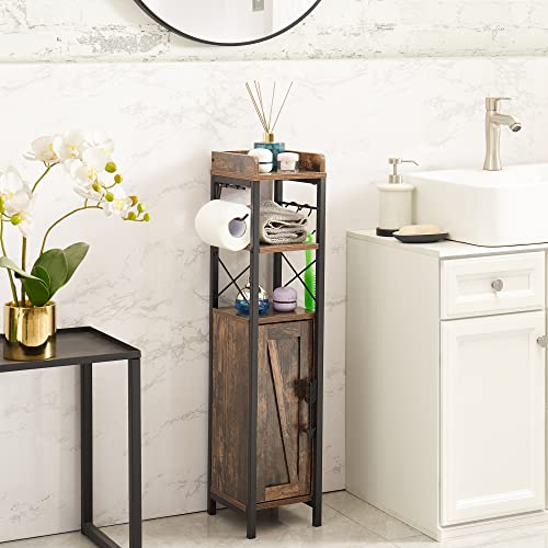 VECELO Small Bathroom Cabinet Toilet Paper Holder with Door & 2 Shelves, Upgraded Storage Organizer,Fenced Top, Waterproof Coating, 7.9" L x 7.1" W x 31.5" H, Slim-Rustic Brown