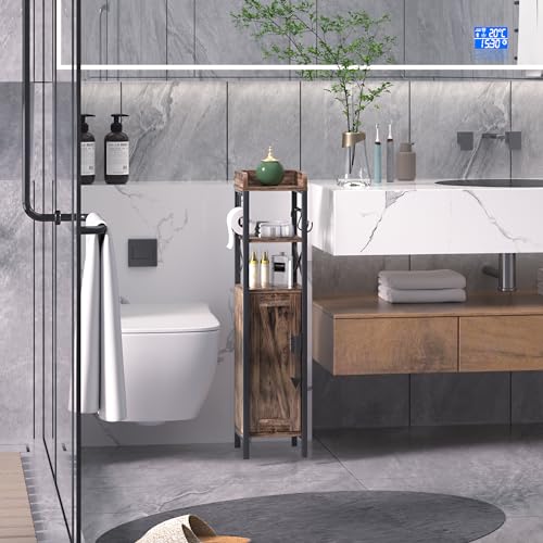 VECELO Small Bathroom Cabinet Toilet Paper Holder with Door & 2 Shelves, Upgraded Storage Organizer,Fenced Top, Waterproof Coating, 7.9" L x 7.1" W x 31.5" H, Slim-Rustic Brown