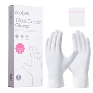 cooljob 100% cotton gloves, 6 pairs white cotton gloves for dry hands moisturizing & eczema, overnight lotion, sleep & spa treatment for women & men, breathable work glove liners, medium size