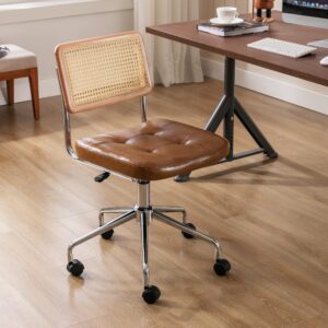 Zesthouse Mid Century Home Office Chair Leather Desk Chair with Rattan Back, Vanity Chair for Girls Women, Upholstered Swivel Chair, Adjustable Height Computer Task Chair