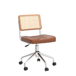 Zesthouse Mid Century Home Office Chair Leather Desk Chair with Rattan Back, Vanity Chair for Girls Women, Upholstered Swivel Chair, Adjustable Height Computer Task Chair