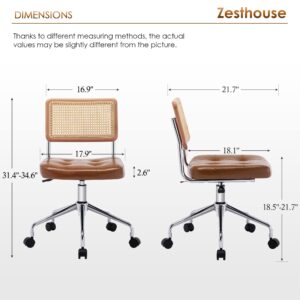 Zesthouse Mid Century Home Office Chair Leather Desk Chair with Rattan Back, Vanity Chair for Girls Women, Upholstered Swivel Chair, Adjustable Height Computer Task Chair