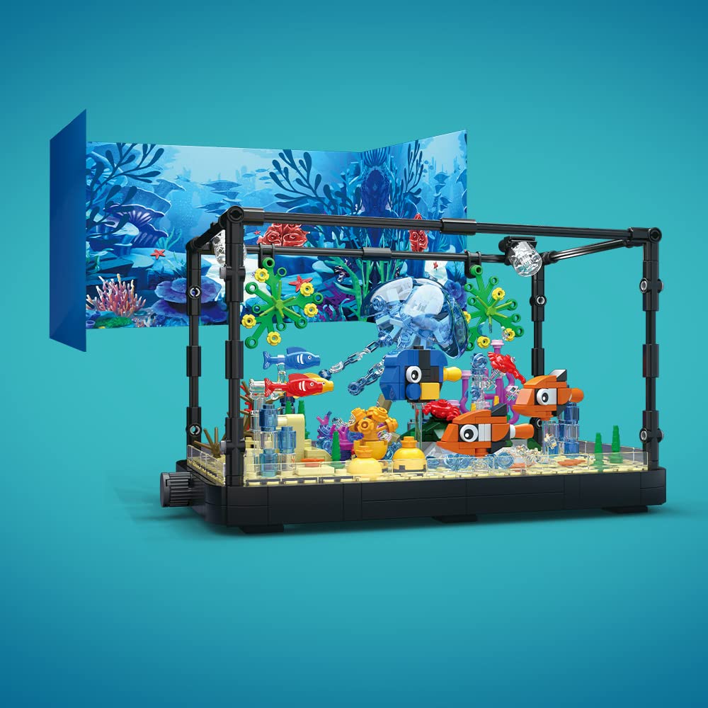 Mesiondy Fish Tank Building Block Set with Light，Aquarium，Marine Jellyfish, Building Block Toy for Kids 6, Home Decor