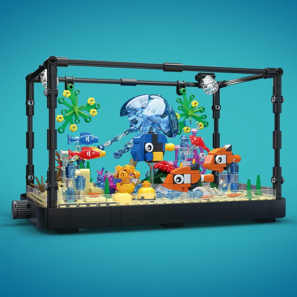 Mesiondy Fish Tank Building Block Set with Light，Aquarium，Marine Jellyfish, Building Block Toy for Kids 6, Home Decor