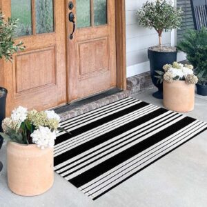 BUAGETUP Black and White Layered Doormat,27.5x43.3inch Striped Outdoor Rug Hand Woven Cotton Indoor Outdoor Rug for Porch Layered