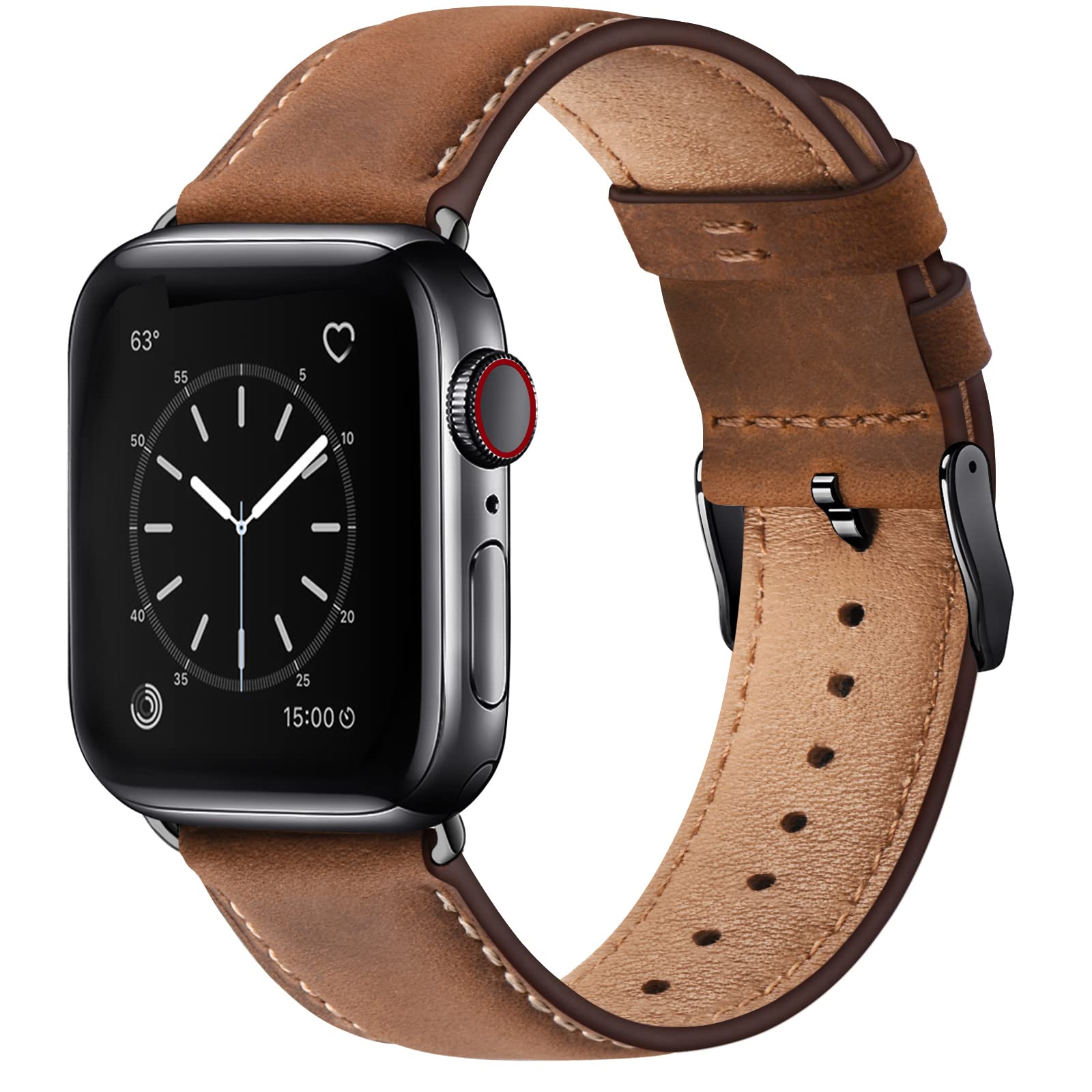 SUNFWR Leather Bands Compatible with Apple Watch Band 49mm 45mm 44mm 42mm for Men Women, Top Grain Genuine Leather Replacement Strap for iWatch Ultra SE2 SE Series 8 7 6 5 4 3 2 1 (Red Brown/Black)