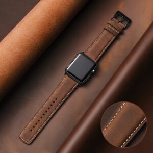 SUNFWR Leather Bands Compatible with Apple Watch Band 49mm 45mm 44mm 42mm for Men Women, Top Grain Genuine Leather Replacement Strap for iWatch Ultra SE2 SE Series 8 7 6 5 4 3 2 1 (Red Brown/Black)