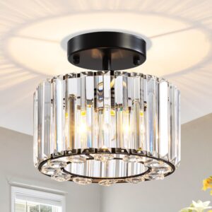 sytpplan modern crystal ceiling light, semi flush mount ceiling light fixture small chandelier crystals hallway light fixtures black close to ceiling light for living room kitchen bedroom