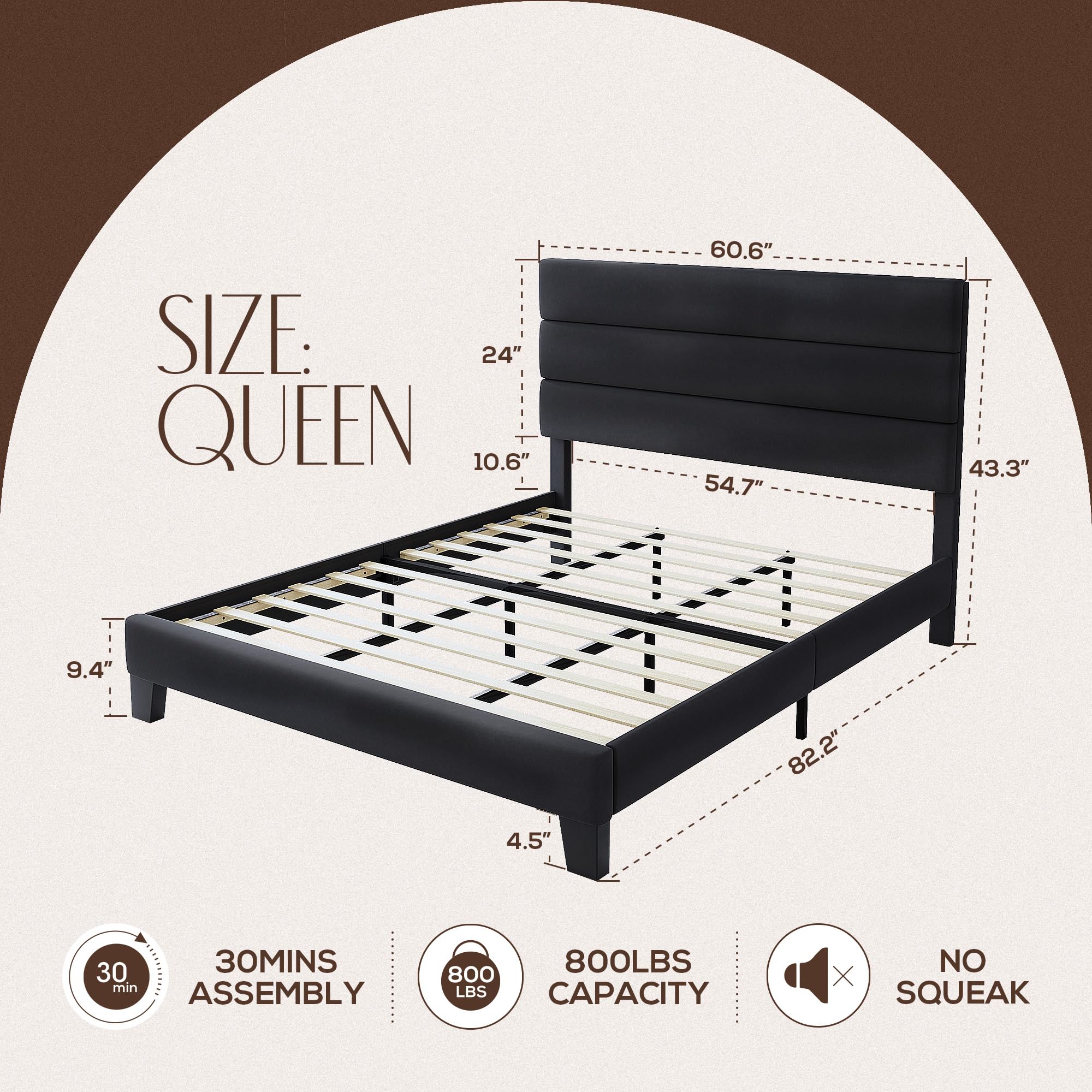 WEEWAY Queen Bed Frame Platform Bed with Velvet Upholstered Headboard and Wooden Slats Support, Heavy Duty Mattress Foundation, No Box Spring Needed, Easy Assembly, Black