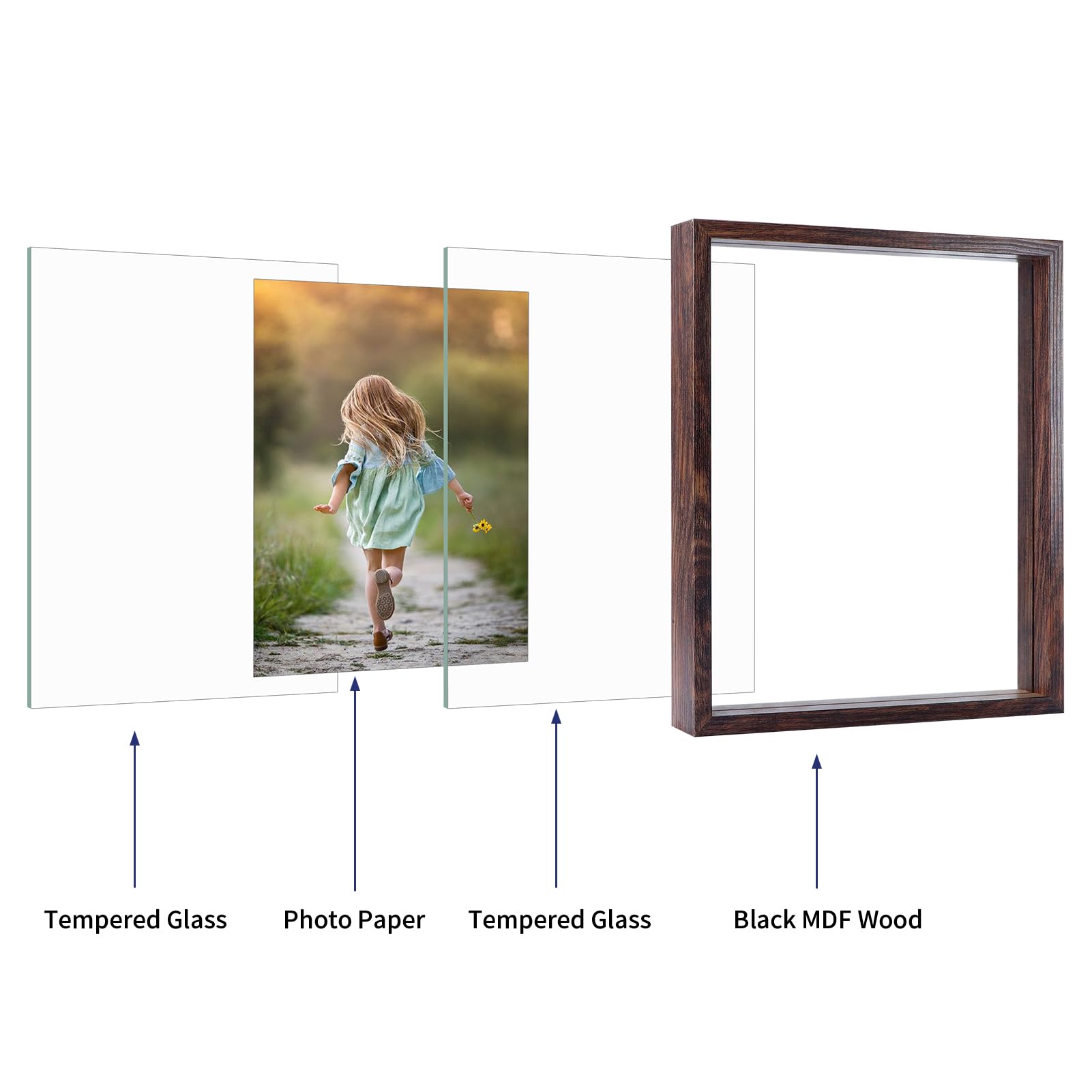 WIFTREY 8x10 Floating Picture Frame 2 Pack, Double Glass Distressed Floating Photo Frame 8 By 10 Displays Photo up to 10x12, Tabletop Hanging or Wall Mount, Light Brown