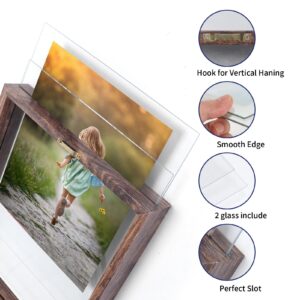 WIFTREY 8x10 Floating Picture Frame 2 Pack, Double Glass Distressed Floating Photo Frame 8 By 10 Displays Photo up to 10x12, Tabletop Hanging or Wall Mount, Light Brown