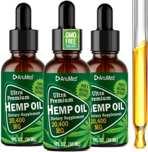 anumed - premium organic hemp oil drops (20,400 mg) maximum strength, rich in natural omega-3, 6, 9, vitamin e, great tasting, 100% vegan, no thc, no sugar added, non-gmo, made in usa (pack of 3)