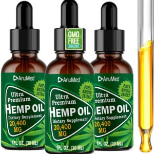 ANUMED - Premium Organic Hemp Oil Drops (20,400 mg) Maximum Strength, Rich in Natural Omega-3, 6, 9, vitamin E, Great Tasting, 100% Vegan, No THC, No Sugar Added, Non-GMO, Made in USA (Pack of 3)