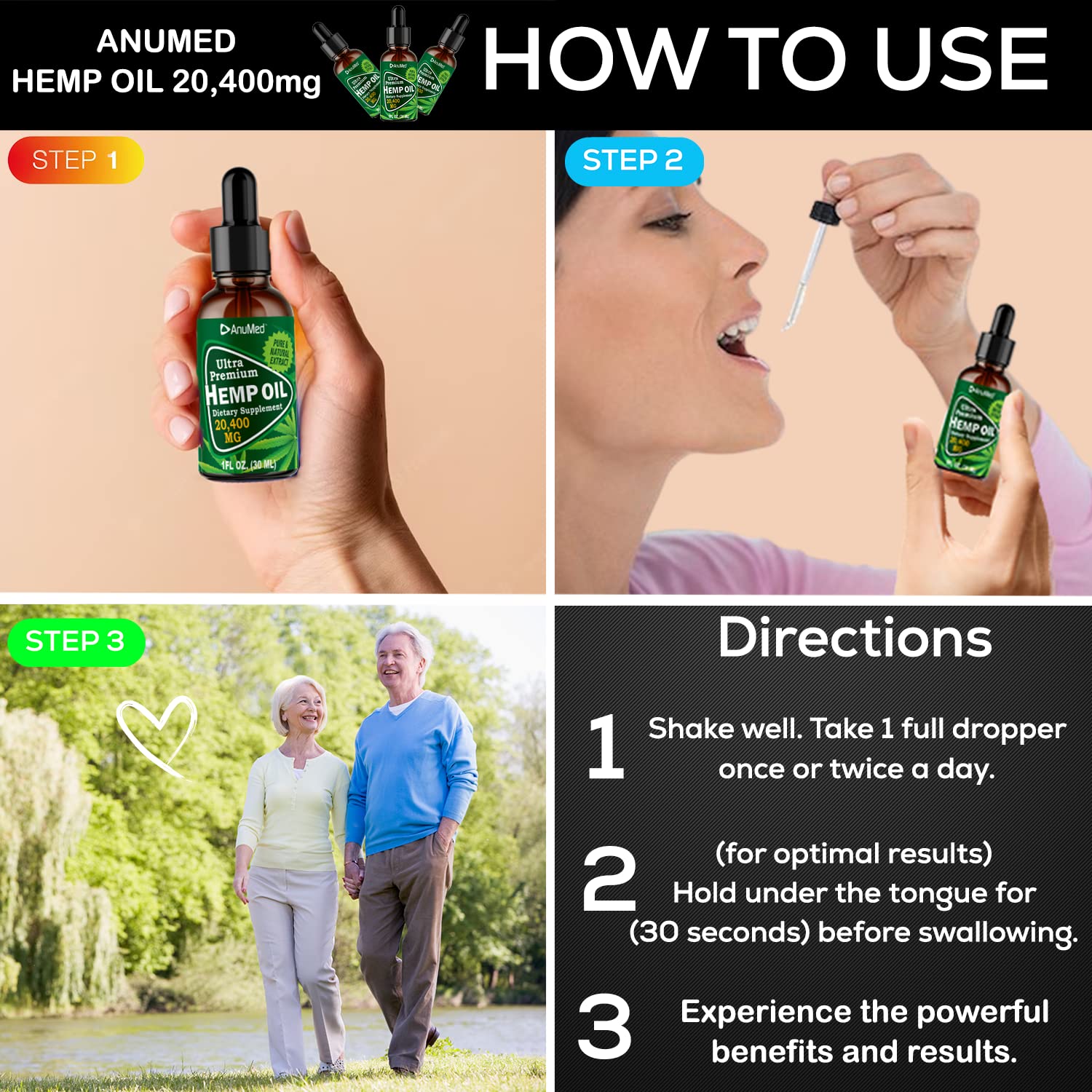 ANUMED - Premium Organic Hemp Oil Drops (20,400 mg) Maximum Strength, Rich in Natural Omega-3, 6, 9, vitamin E, Great Tasting, 100% Vegan, No THC, No Sugar Added, Non-GMO, Made in USA (Pack of 3)