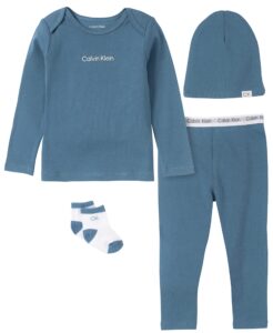 calvin klein organic baby boys essentials 4-piece set with long sleeve tee & pants, ultra-soft beanie & socks included, coronet blue