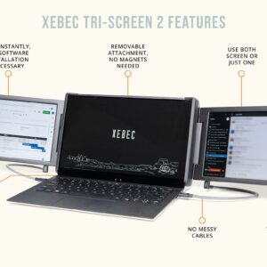 Xebec Tri-Screen 2 | Attachable Laptop Computer Monitor Workstation | Full HD Plug & Play, Mac, PC, 1920x1200 | Portable Monitor for Laptop with USB C Cable & Mini-HDMI to HDMI Cable (Renewed)